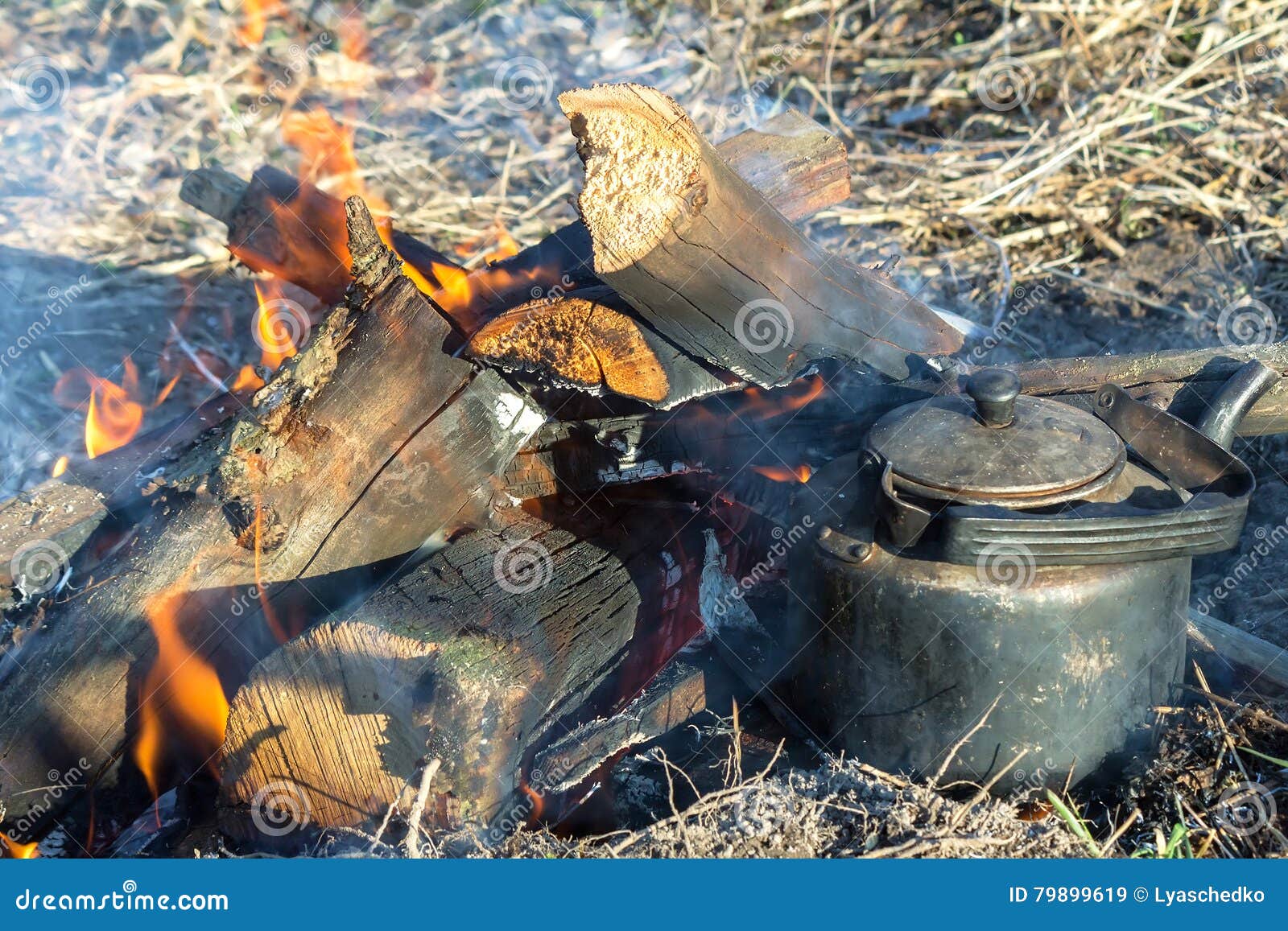 Burning Fire and a Kettle Near the Fire. Stock Image - Image of burn ...