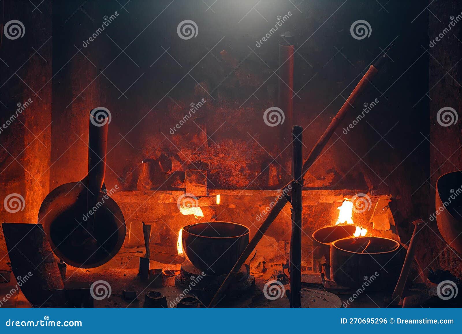 Burning Fire in Old Forge with Various Objects and Anvil. Stock ...