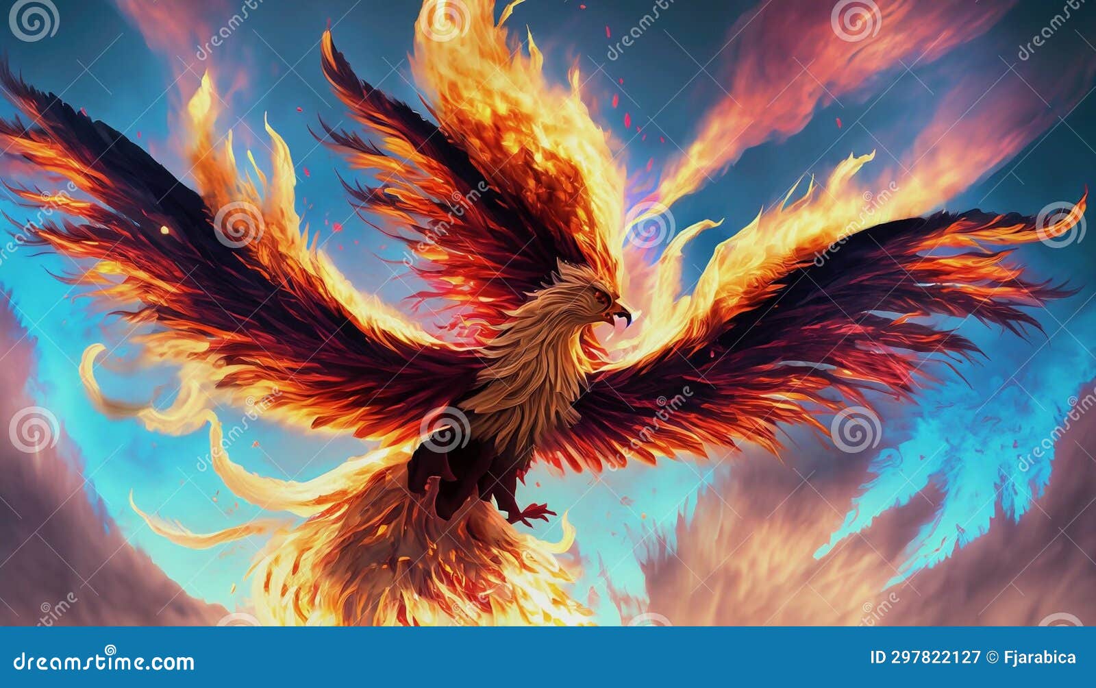 Burning Fire Phoenix between Clouds Stock Illustration - Illustration ...