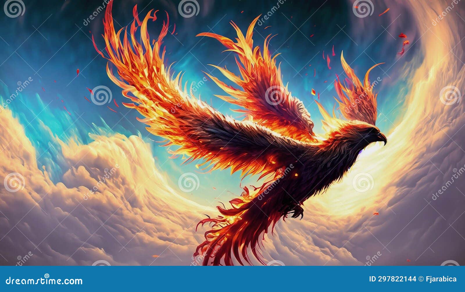 Burning Fire Phoenix between Clouds Stock Illustration - Illustration ...
