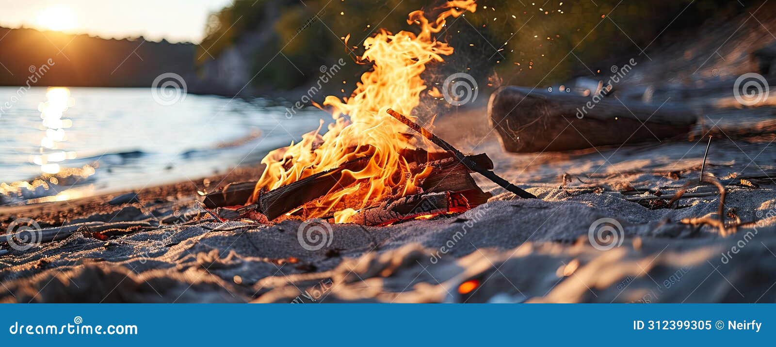 Burning Fire in Sand, Campfire by the River Stock Image - Image of ...