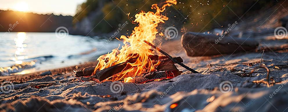 Burning Fire in Sand, Campfire by the River Stock Image - Image of ...