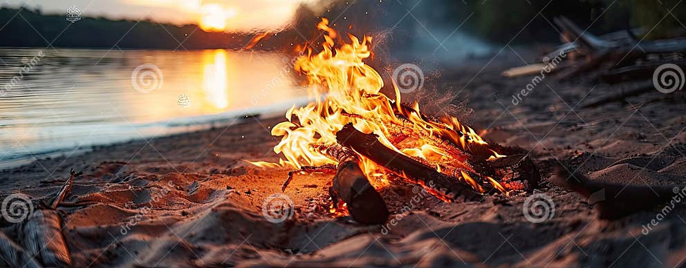 Burning Fire in Sand, Campfire by the River Stock Image - Image of sand ...