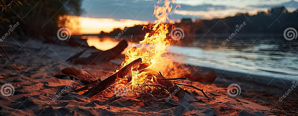 Burning Fire in Sand, Campfire by the River Stock Photo - Image of ...