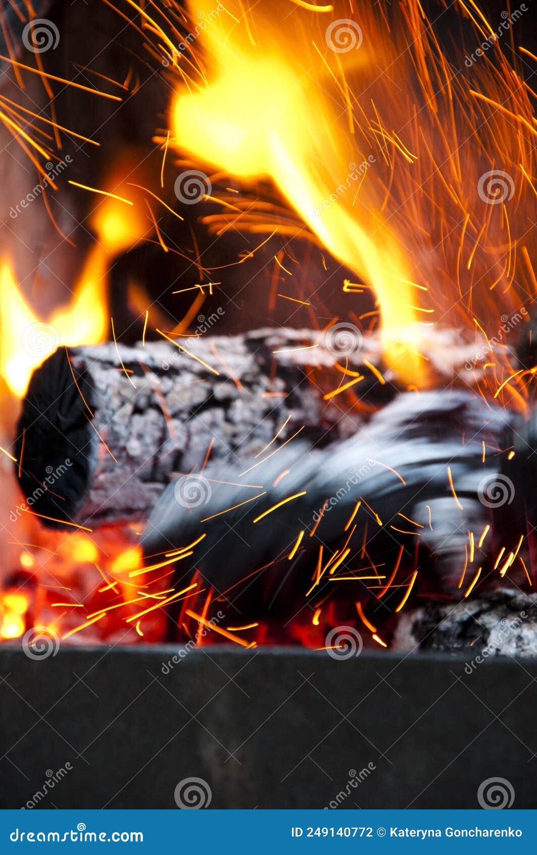 Burning Fire Wood with Flame Sparks Close View Abstract Background ...