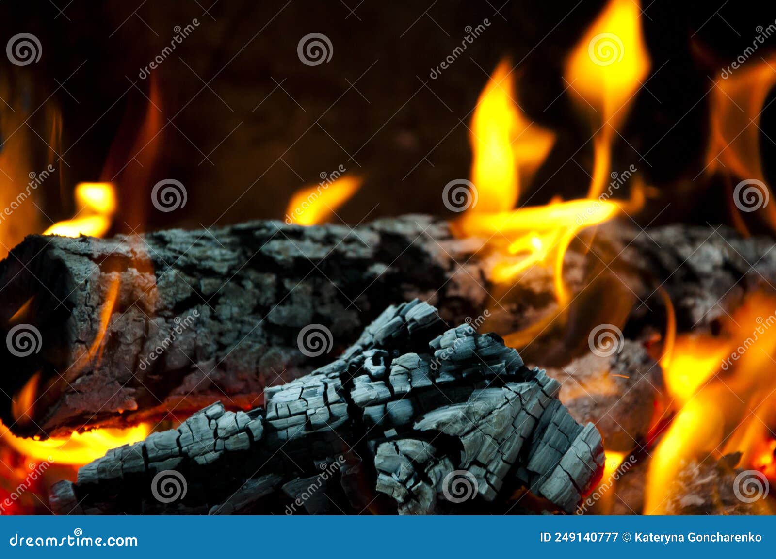 Burning Fire Wood and Smoldering Hot Coals Close View Abstract ...