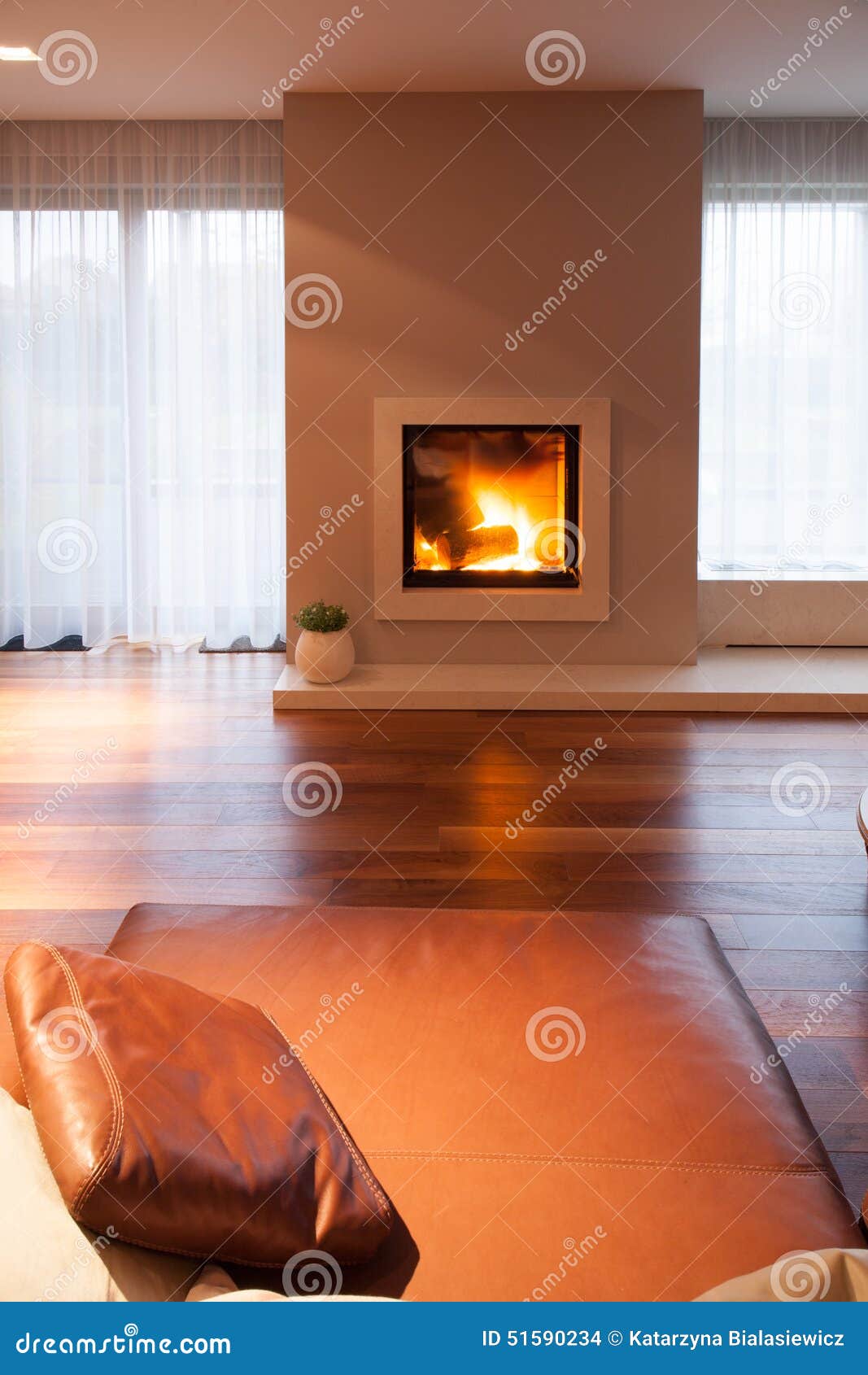Burning Fireplace in Cozy Interior Stock Photo - Image of architecture ...