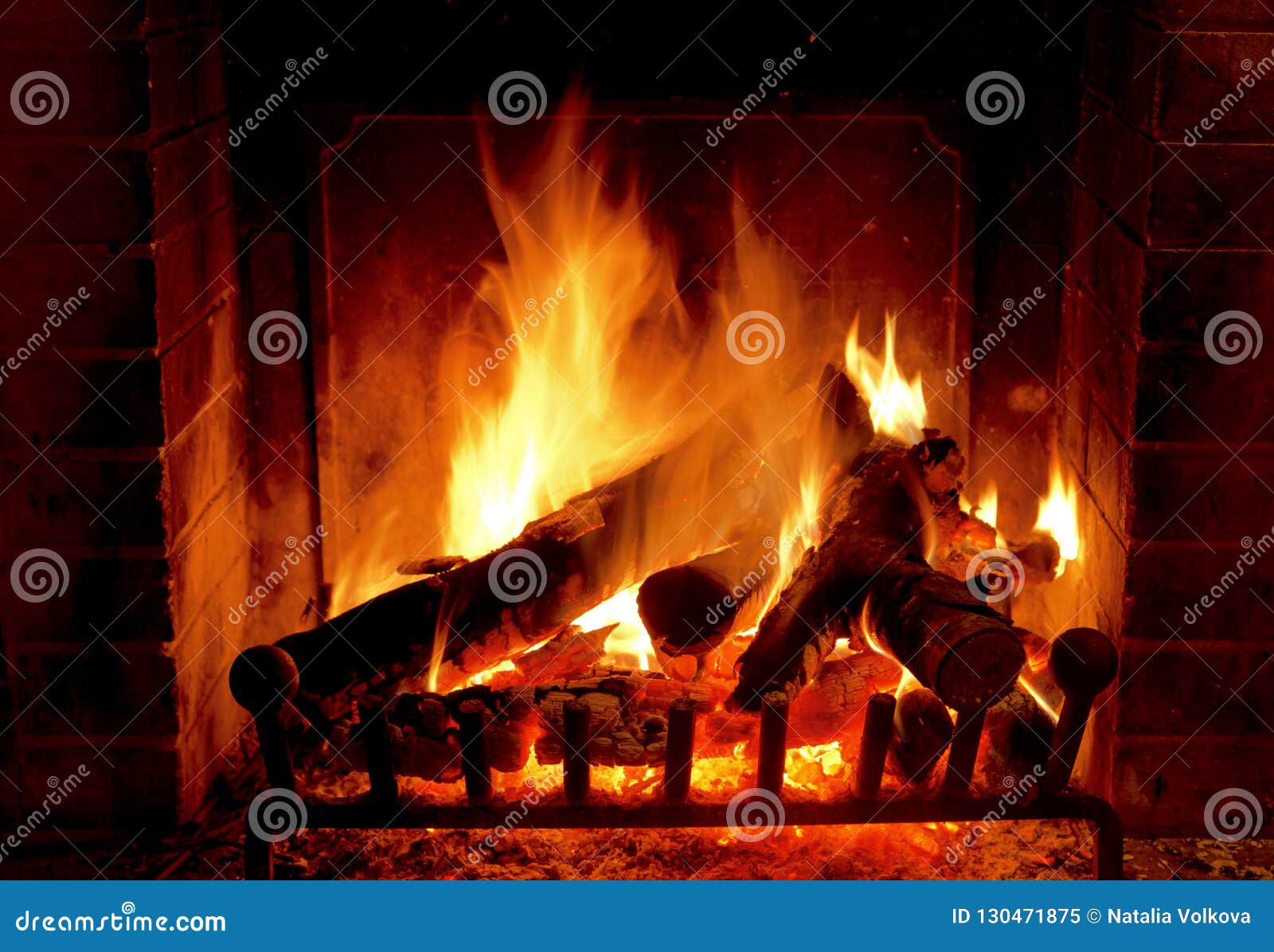 Burning Fireplace in the House in Winter Evening Stock Image - Image of ...