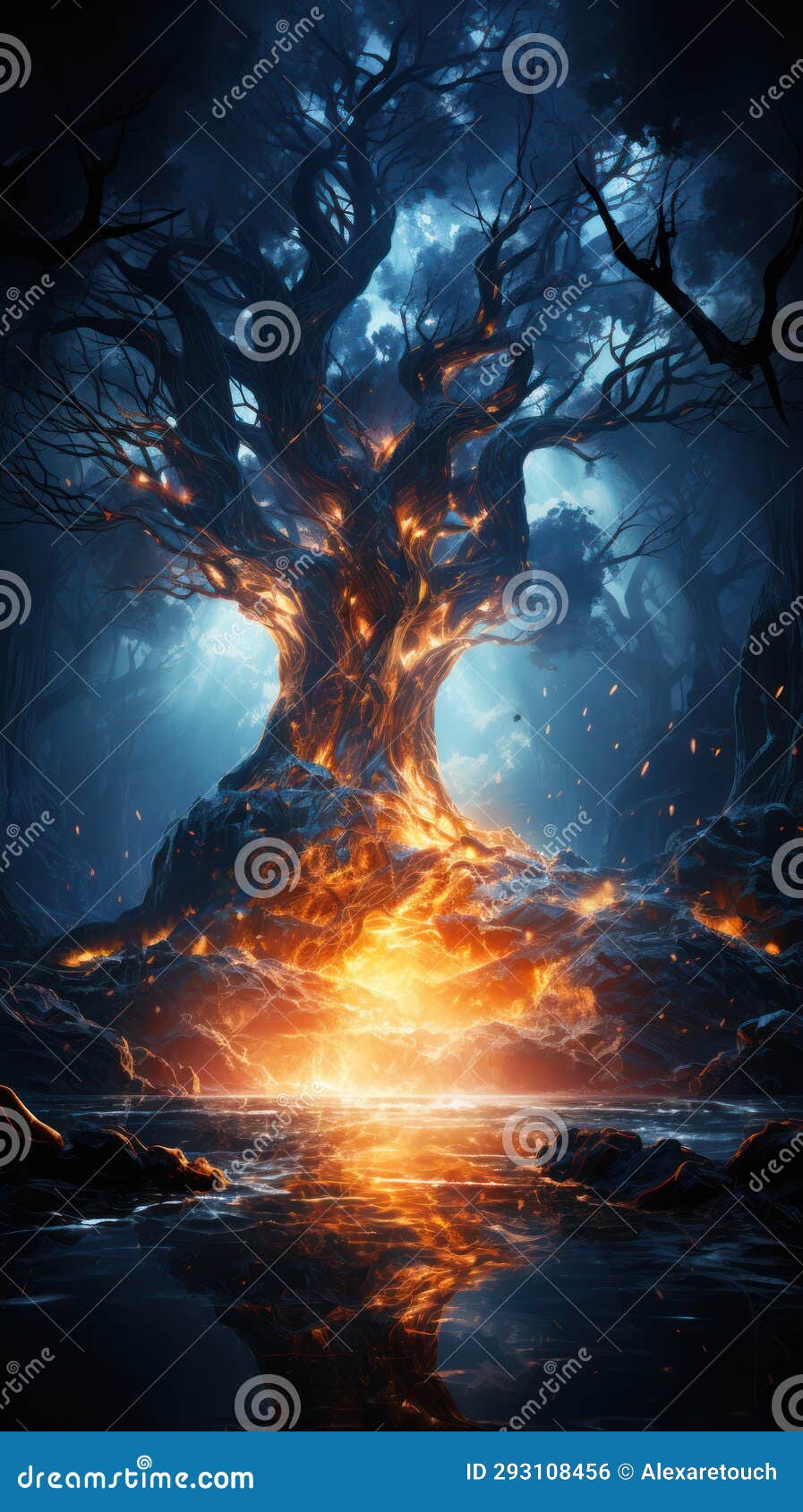 Burning and Fireproof Tree with Fire and Lava in Roots and Trunk Stock ...