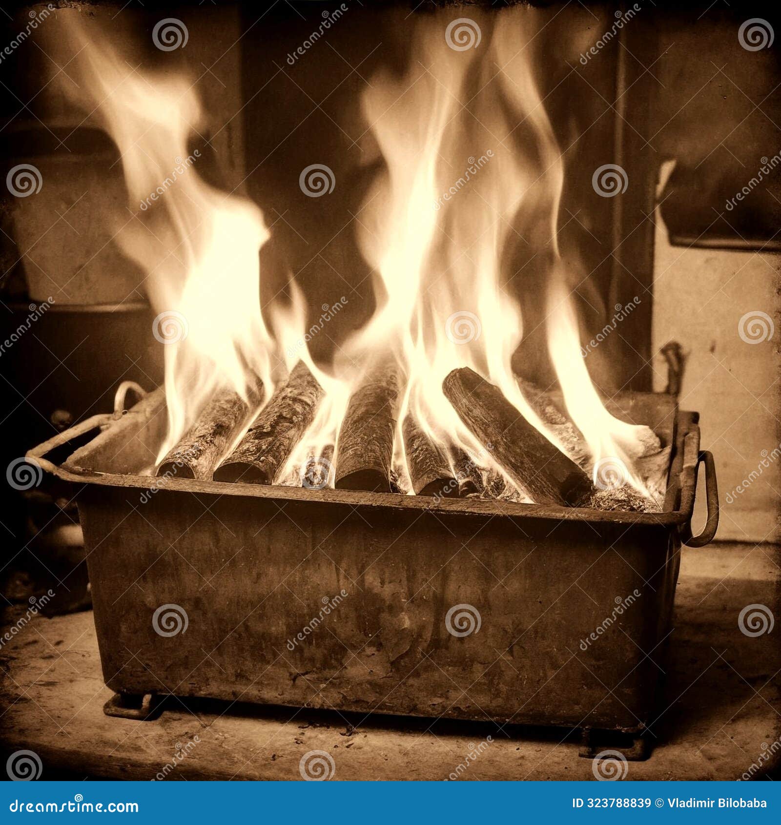 Burning Firewood in Metal Container Stock Illustration - Illustration ...