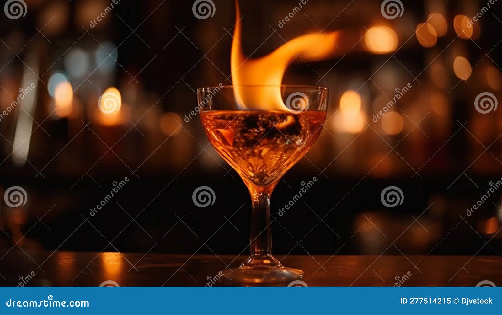 The Burning Flame Illuminates the Elegant Whiskey Cocktail on Table ...