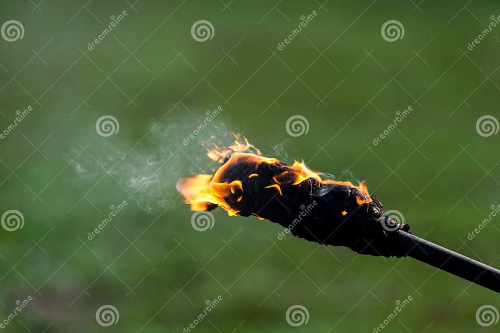 Burning Flame of a Torch on Green Grass Background before Nighttime ...
