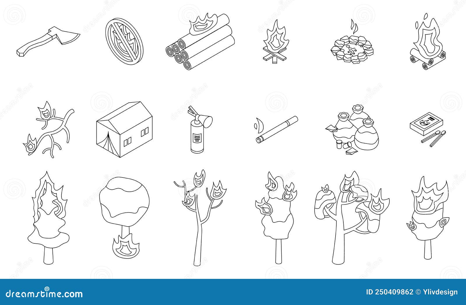 Burning Forest Icons Set Vector Outline Stock Vector - Illustration of ...
