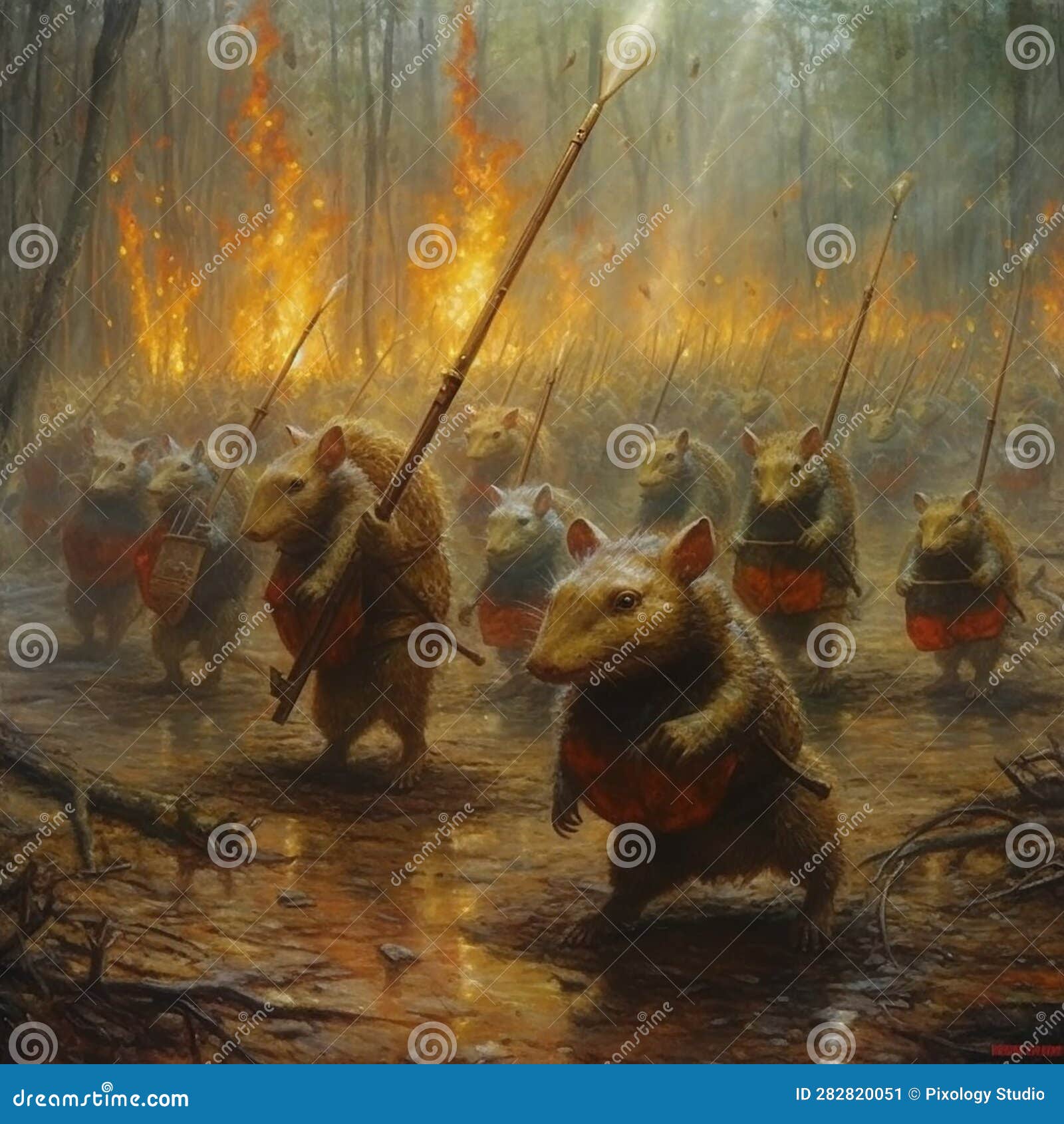 Burning Forest, Raining, Capybara Soldiers Attacking Armadillo Army AI ...