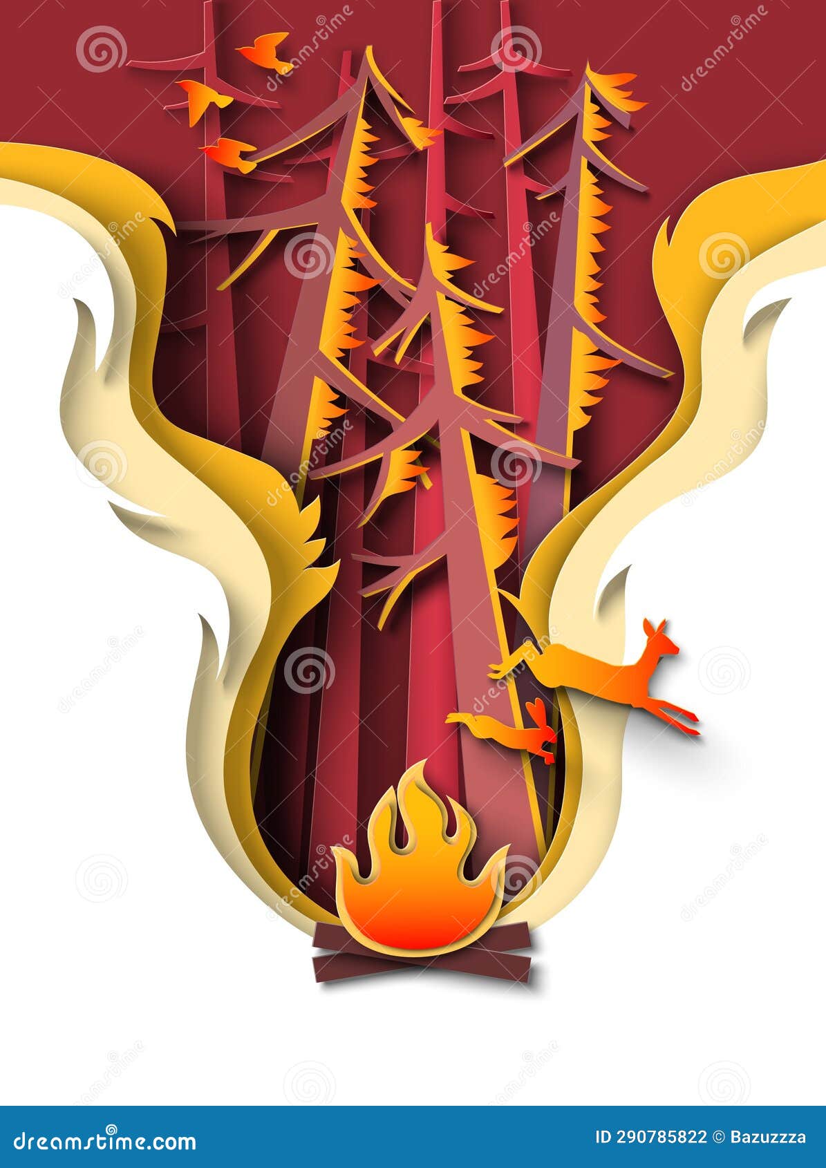 Burning Forest with Spruce Trees on Fire and Running Animals Stock ...