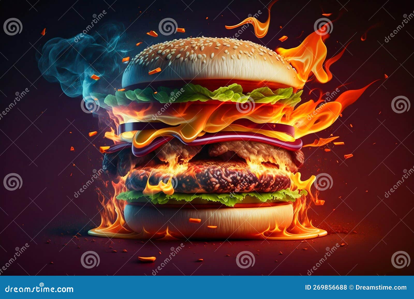 Burning Hamburger Cheeseburger Closeup. Generative AI Stock ...