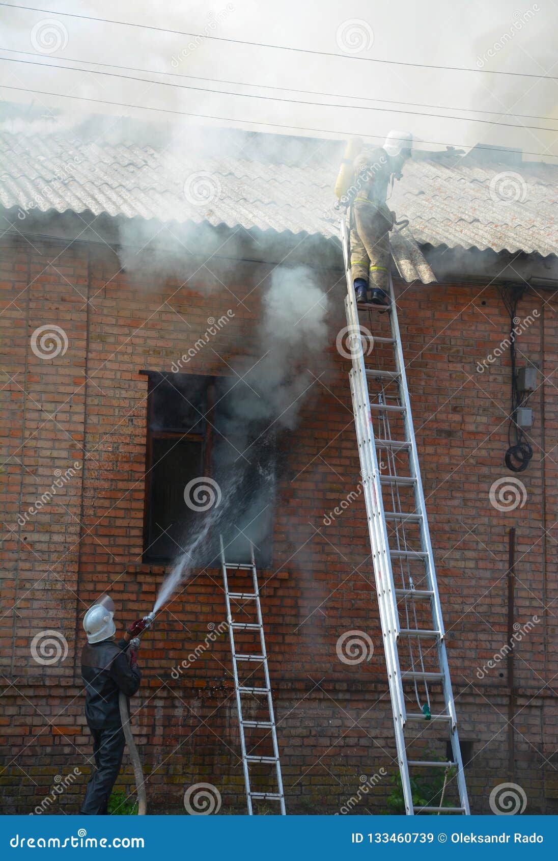 Burning House and Firefighters on the Ladders Editorial Stock Image ...