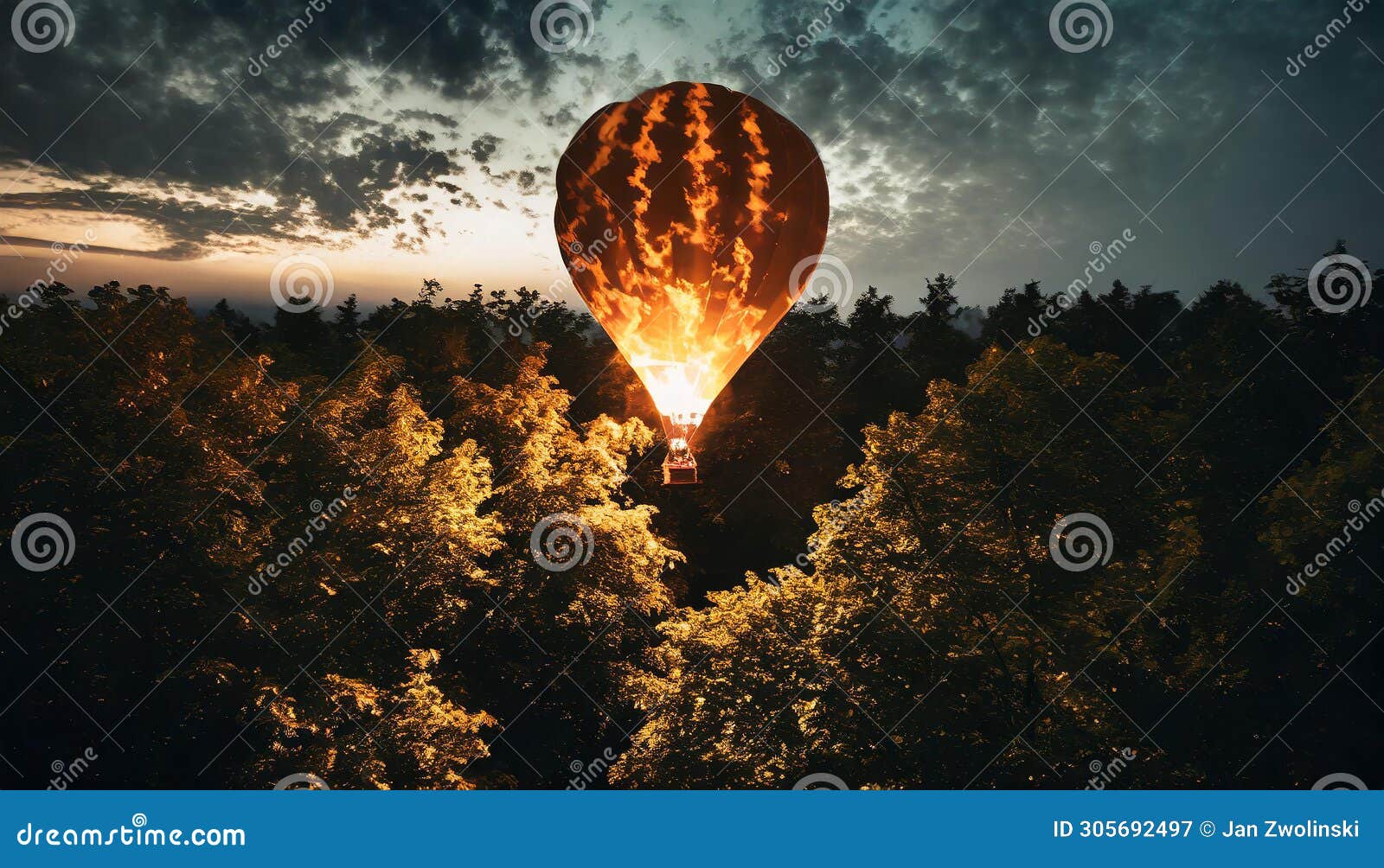 Burning Hot Air Balloon Fly Right Above Trees Canopy at Twilight Stock ...
