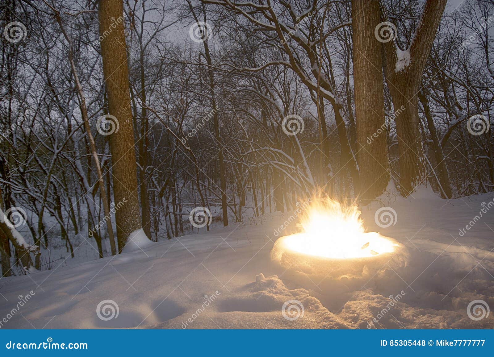 Burning Hot Fire Surrounded by Snow in Wooded Area. Stock Photo - Image ...