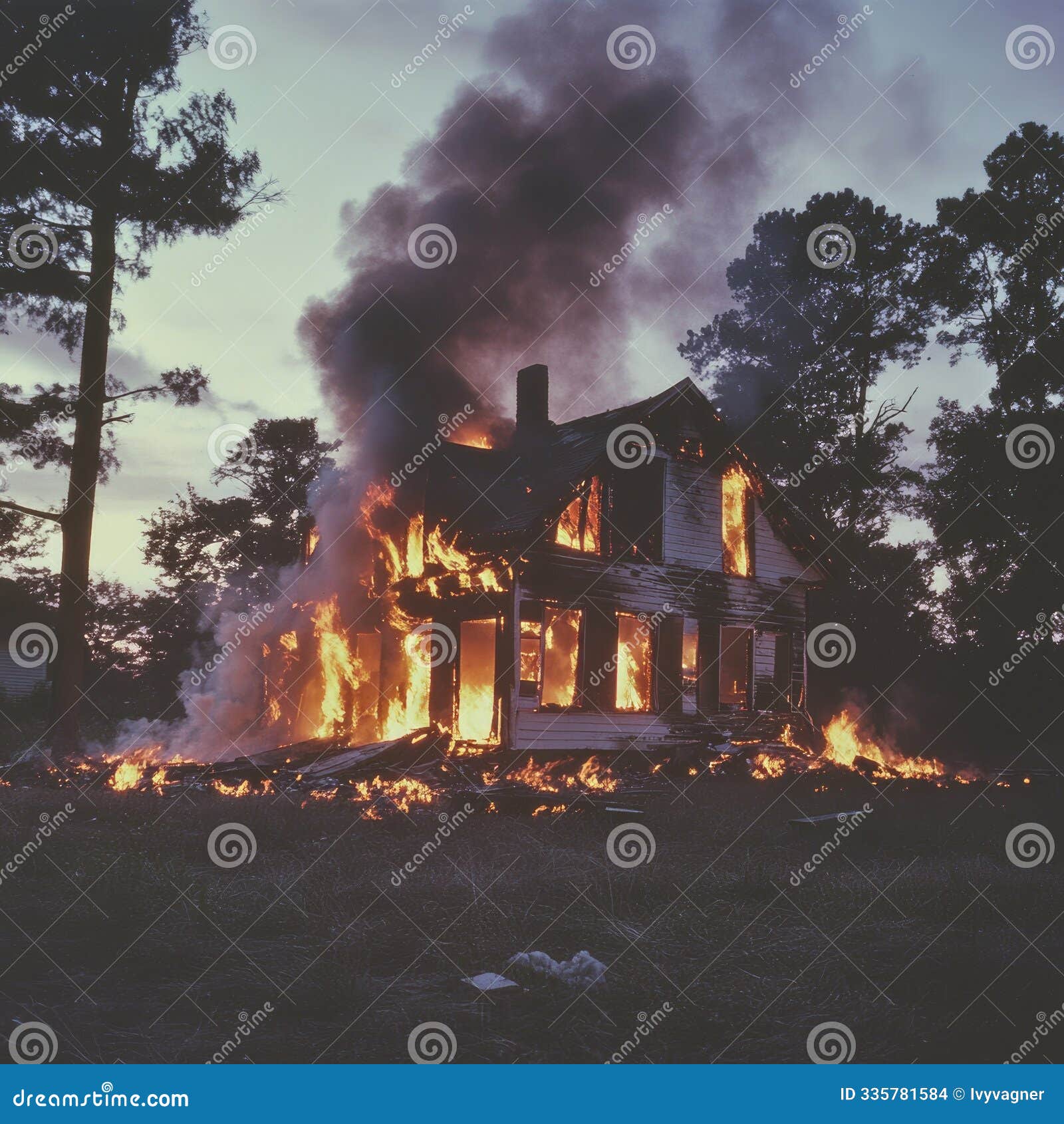 A Burning House at Dusk, Flames Licking through the Broken Windows ...