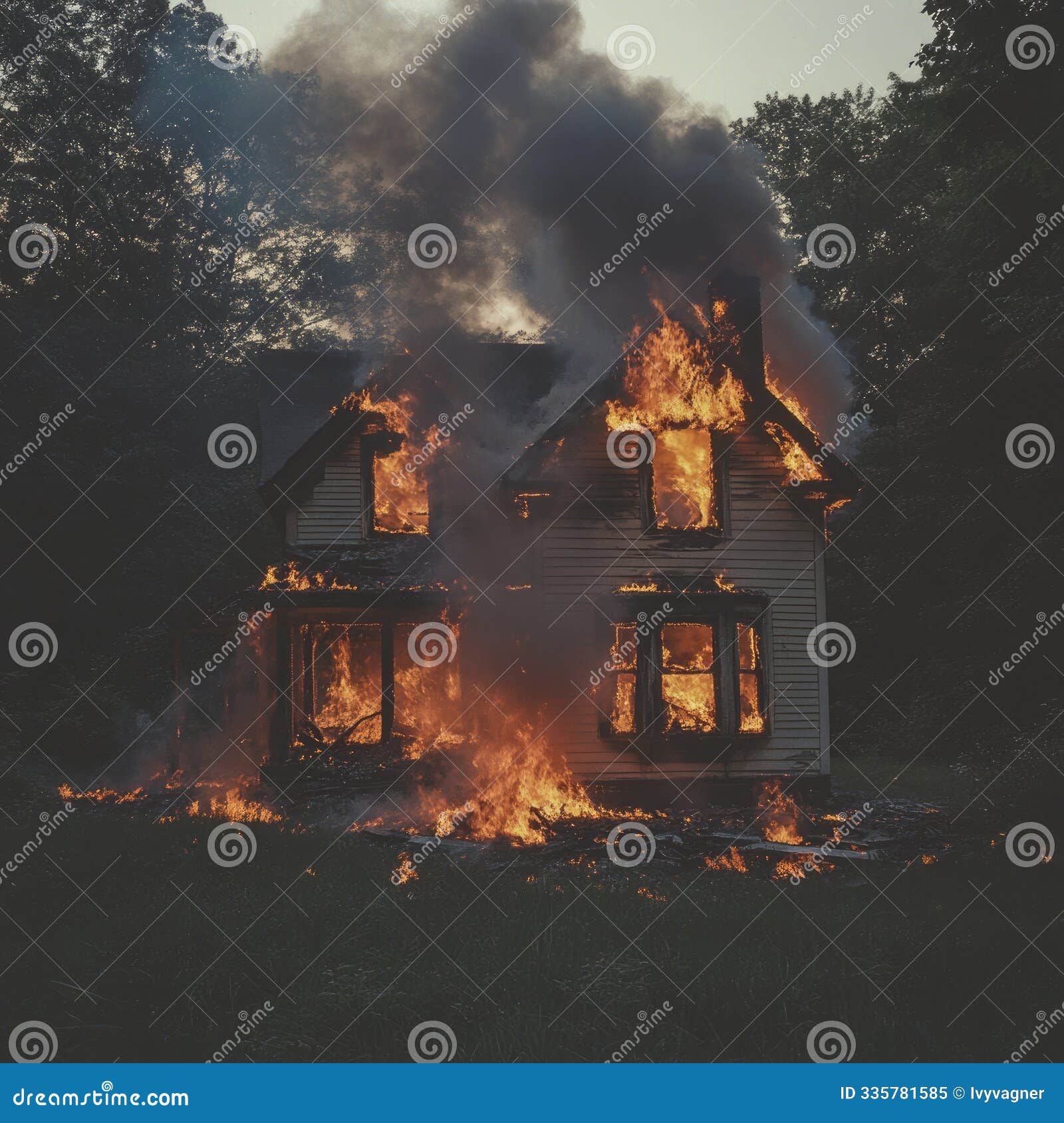 A Burning House at Dusk, Flames Licking through the Broken Windows ...