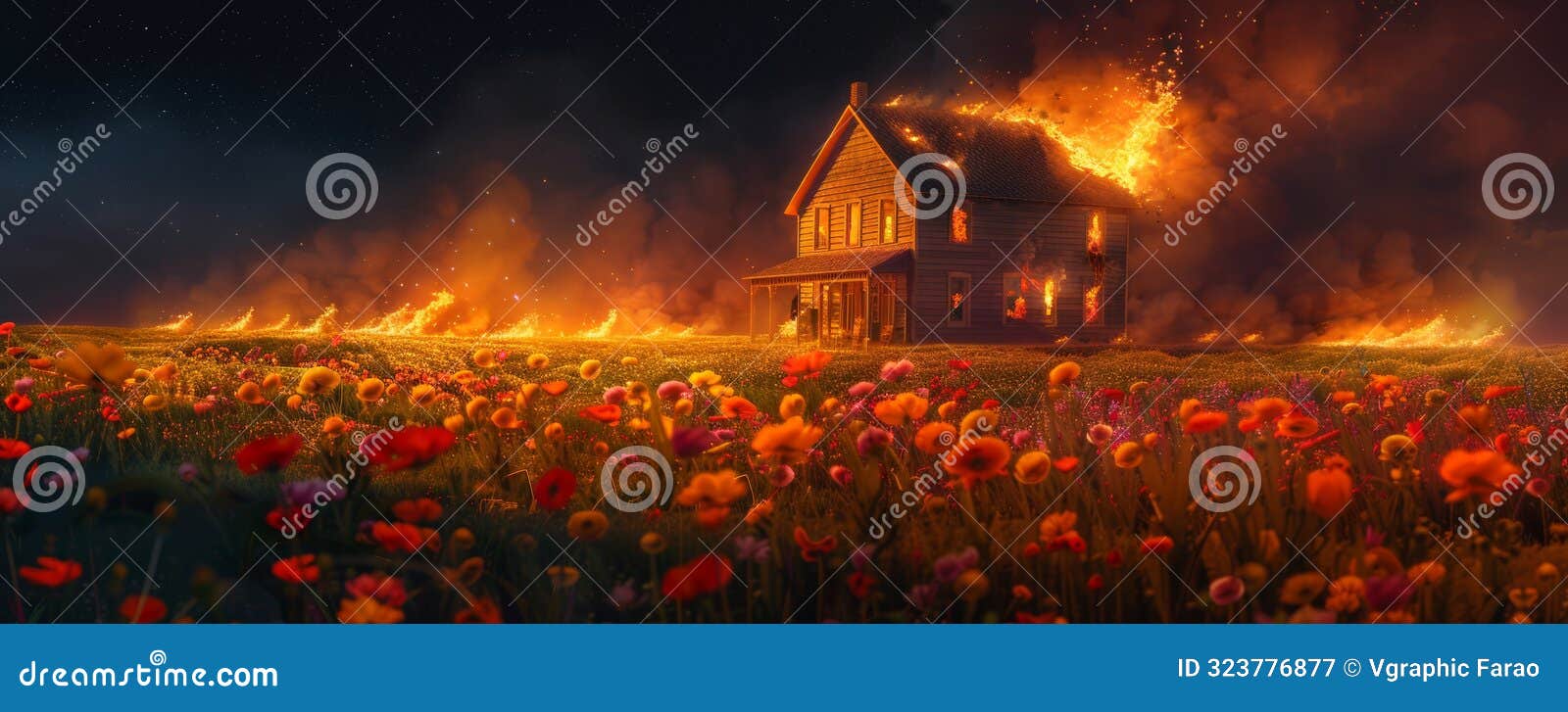 Burning House in a Field of Vibrant Flowers at Night, Dramatic and ...
