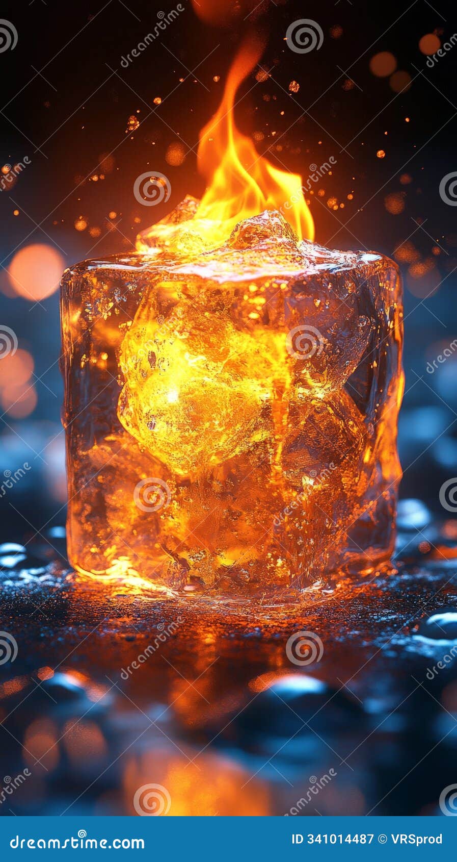 Burning Ice Cube with Intense Flames Melting on Wet Surface Stock Image ...