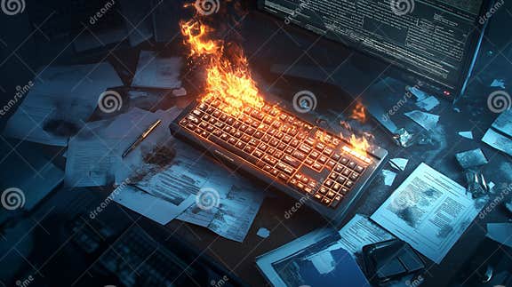 A Burning Keyboard Ignites Panic on an Office Desk with Scattered ...