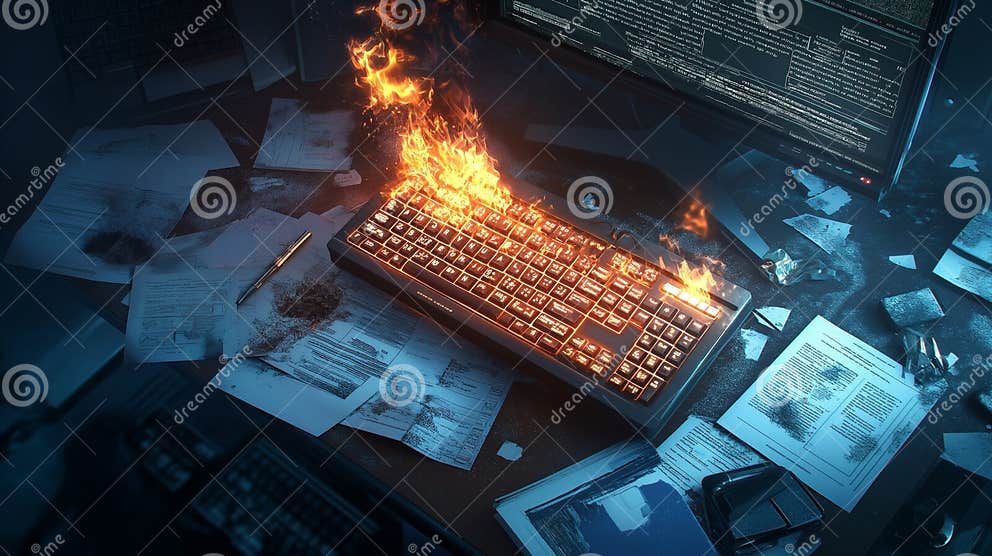 A Burning Keyboard Ignites Panic on an Office Desk with Scattered ...