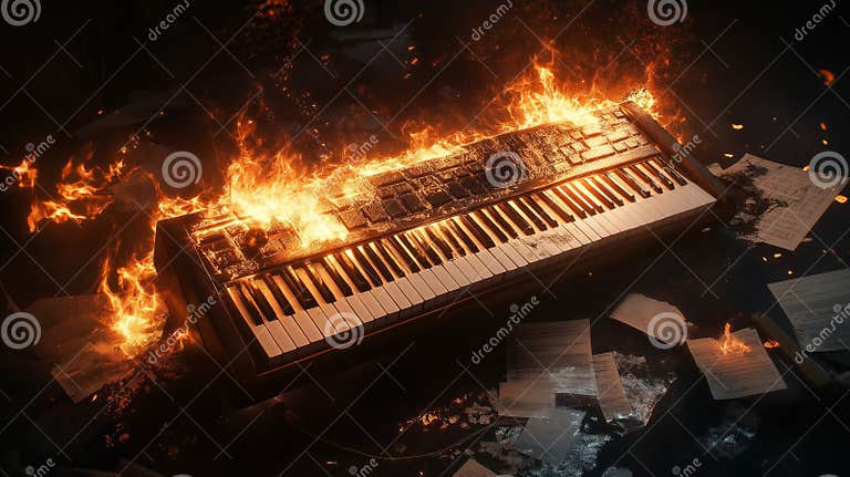 Burning Keyboard with Scattered Sheets, Symbolizing Creative ...