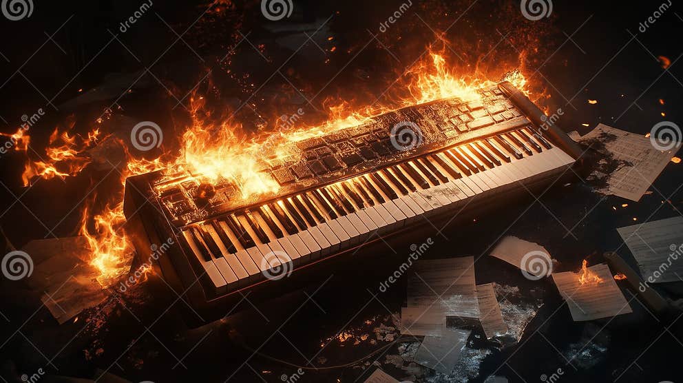 Burning Keyboard with Scattered Sheets, Symbolizing Creative ...