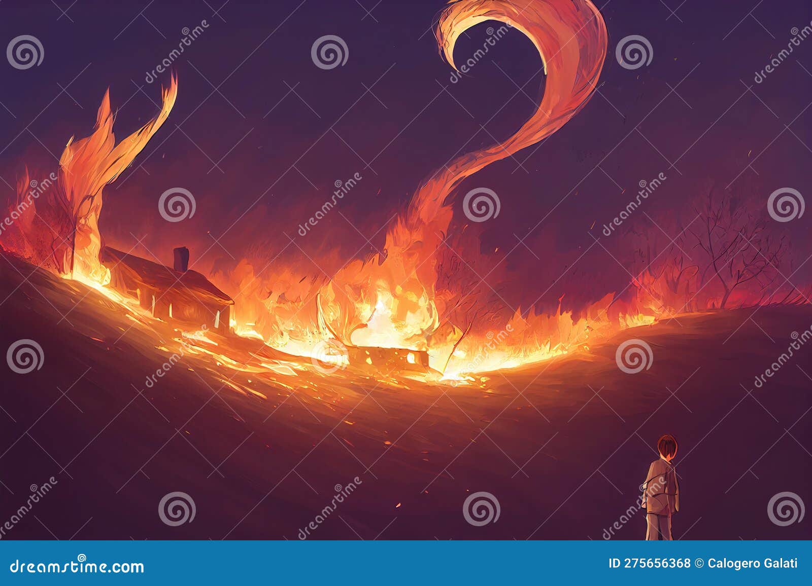 A Burning Land with Houses and an Abstract Fire Going into Sky, Ai ...