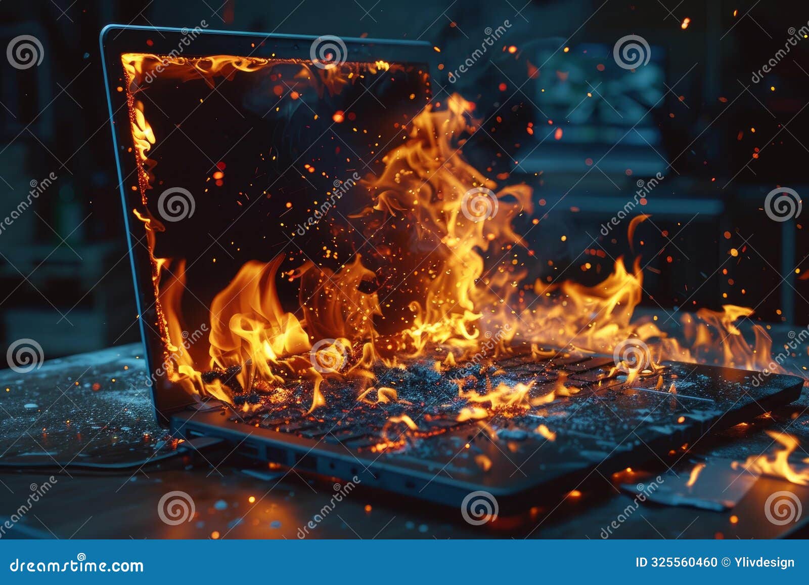Burning Laptop Computer with Flames Showing Technology Failure Stock ...