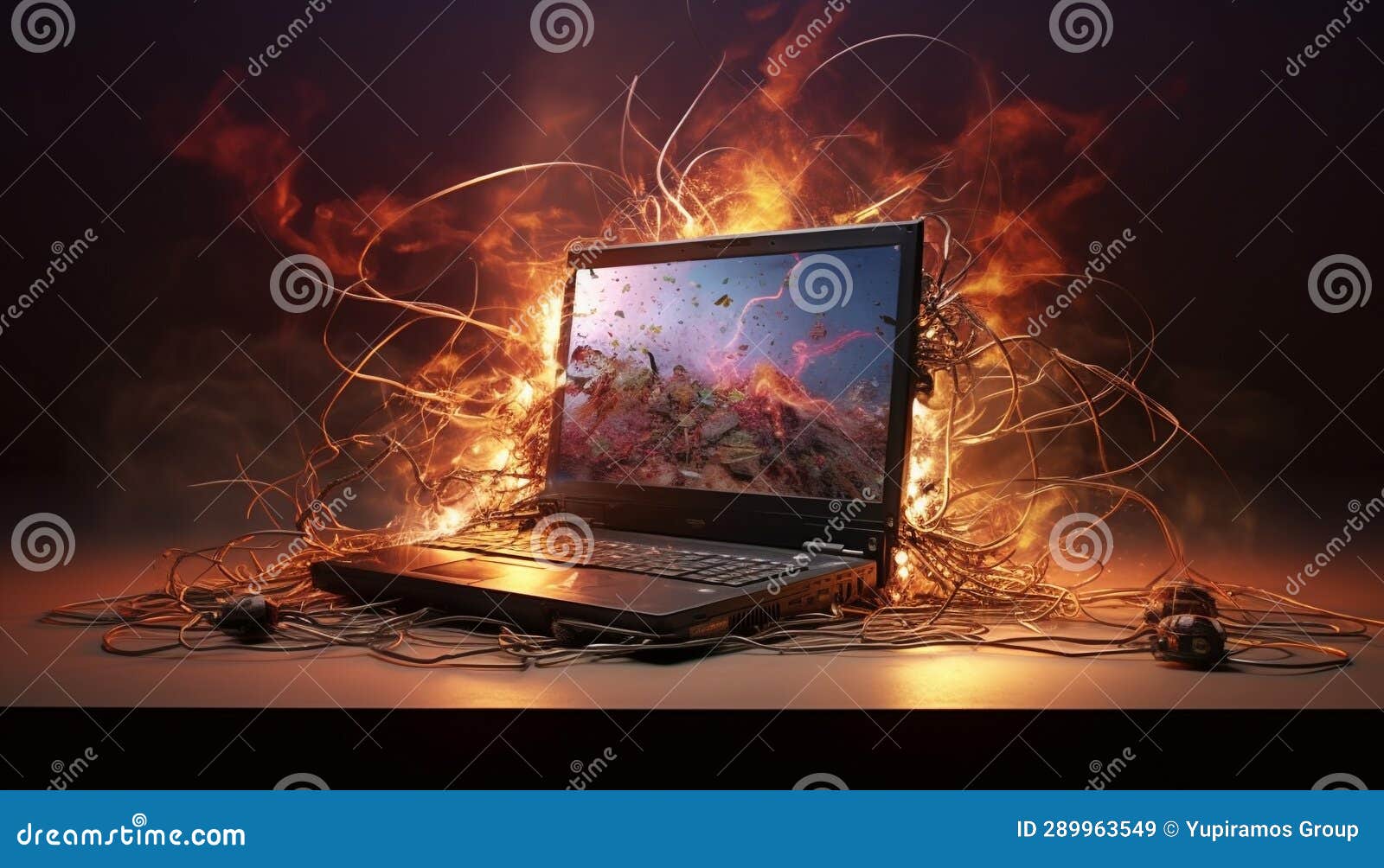 Burning Laptop Glows in the Dark, Creating a Fiery Danger Generated by ...