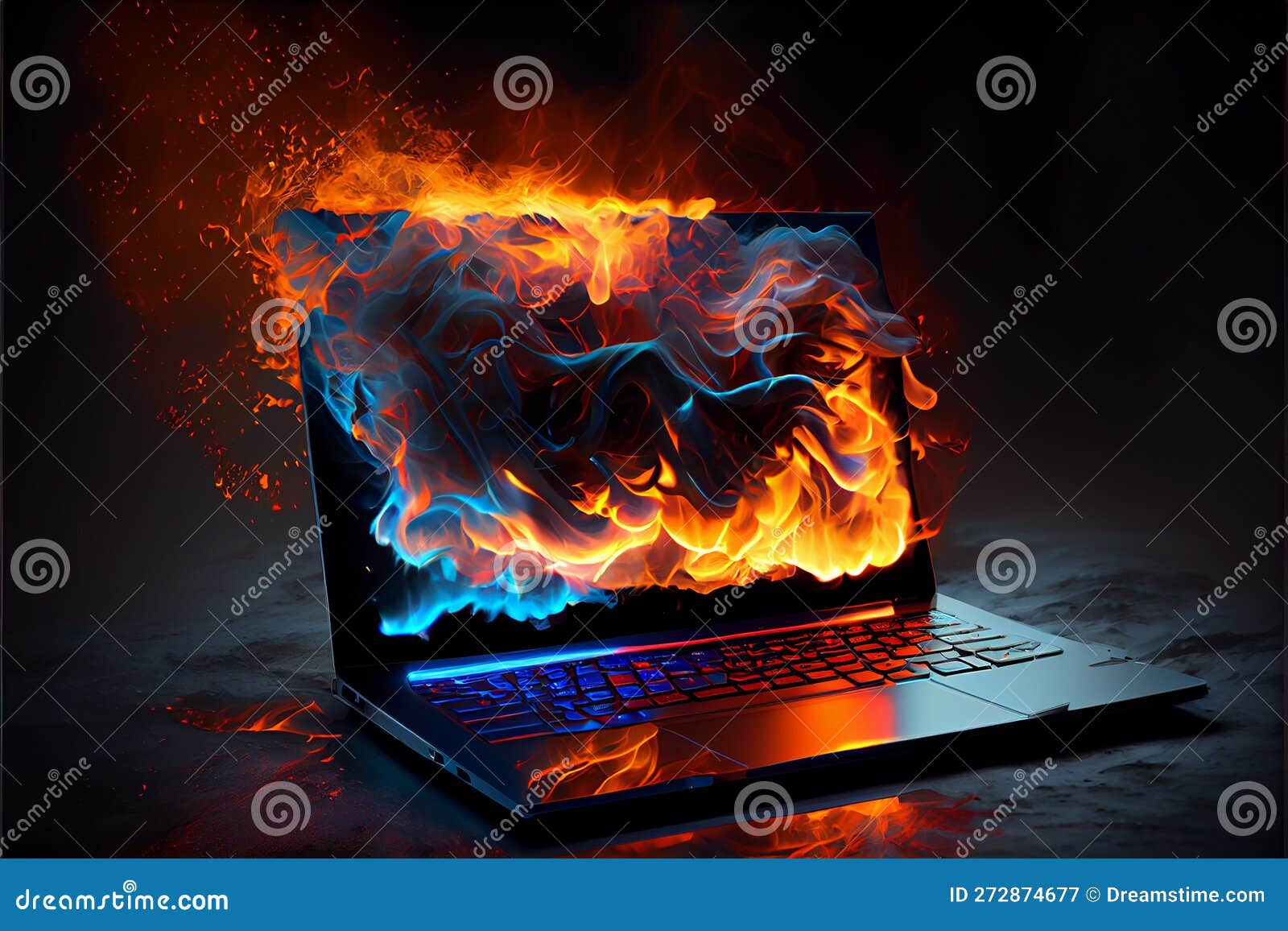 Laptop With Flame And Thermometer Displaying High Temperature Cartoon ...