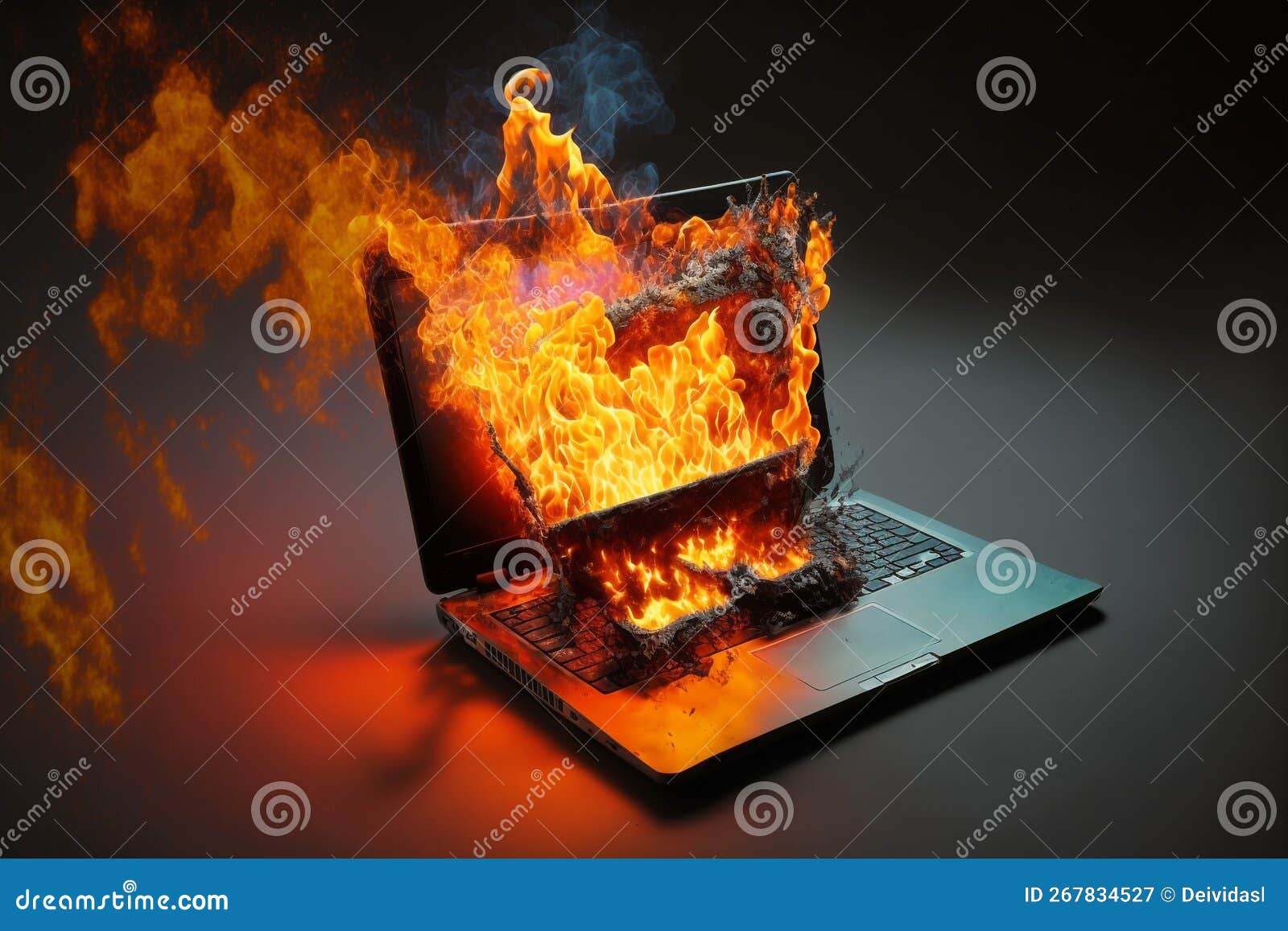 Burning Laptop on a Table with Smoke. Generative AI Illustration. Stock ...