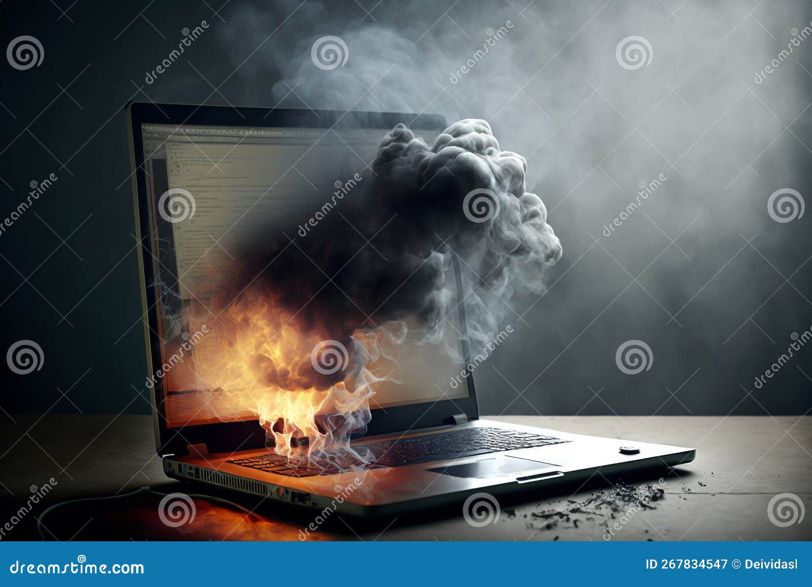 Burning Laptop on a Table with Smoke. Generative AI Illustration. Stock ...