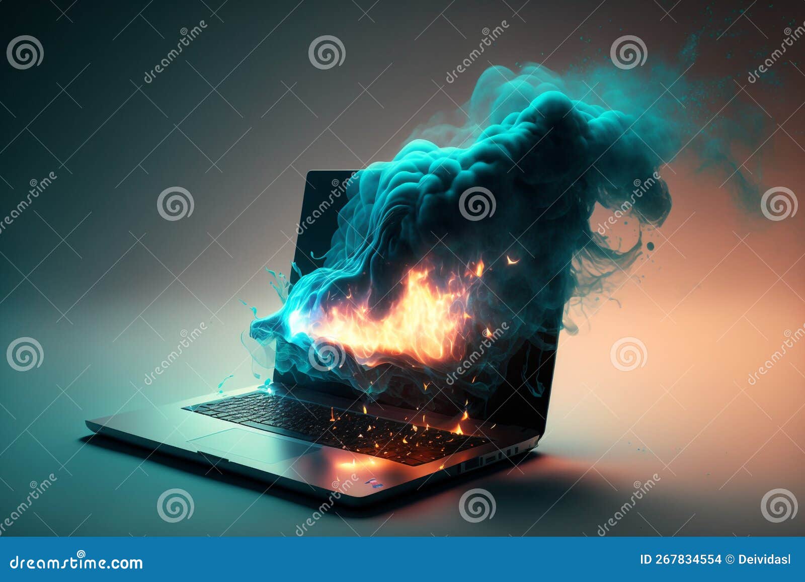 Burning Laptop on a Table with Smoke. Generative AI Illustration. Stock ...