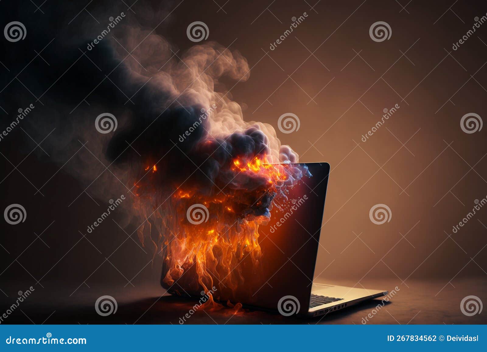 Burning Laptop on a Table with Smoke. Generative AI Illustration. Stock ...