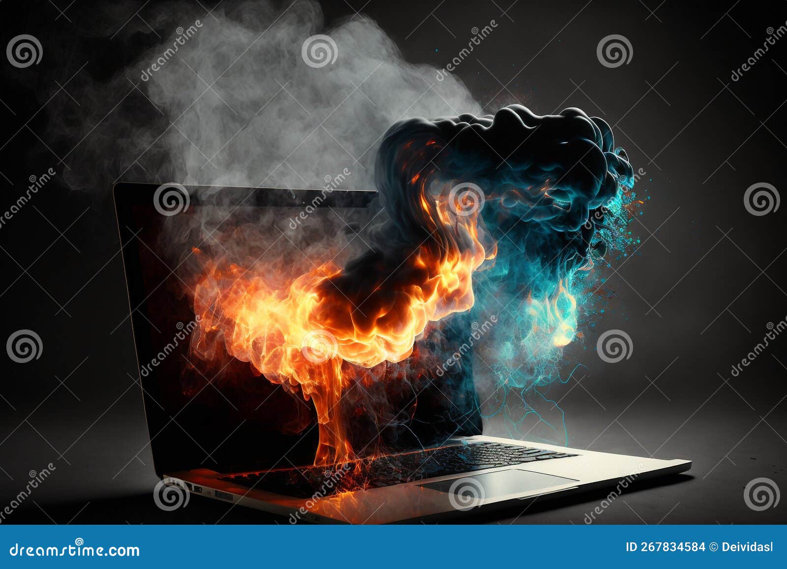 Burning Laptop on a Table with Smoke. Generative AI Illustration. Stock ...