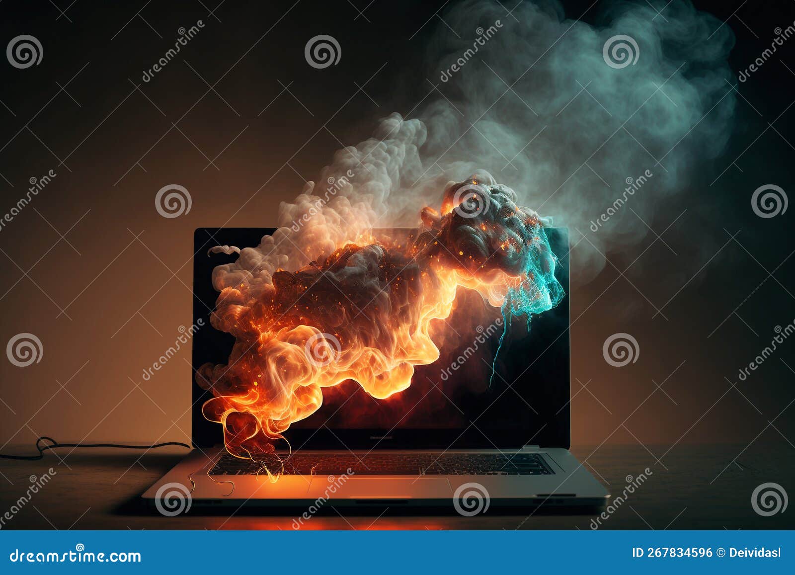 Burning Laptop on a Table with Smoke. Generative AI Illustration. Stock ...