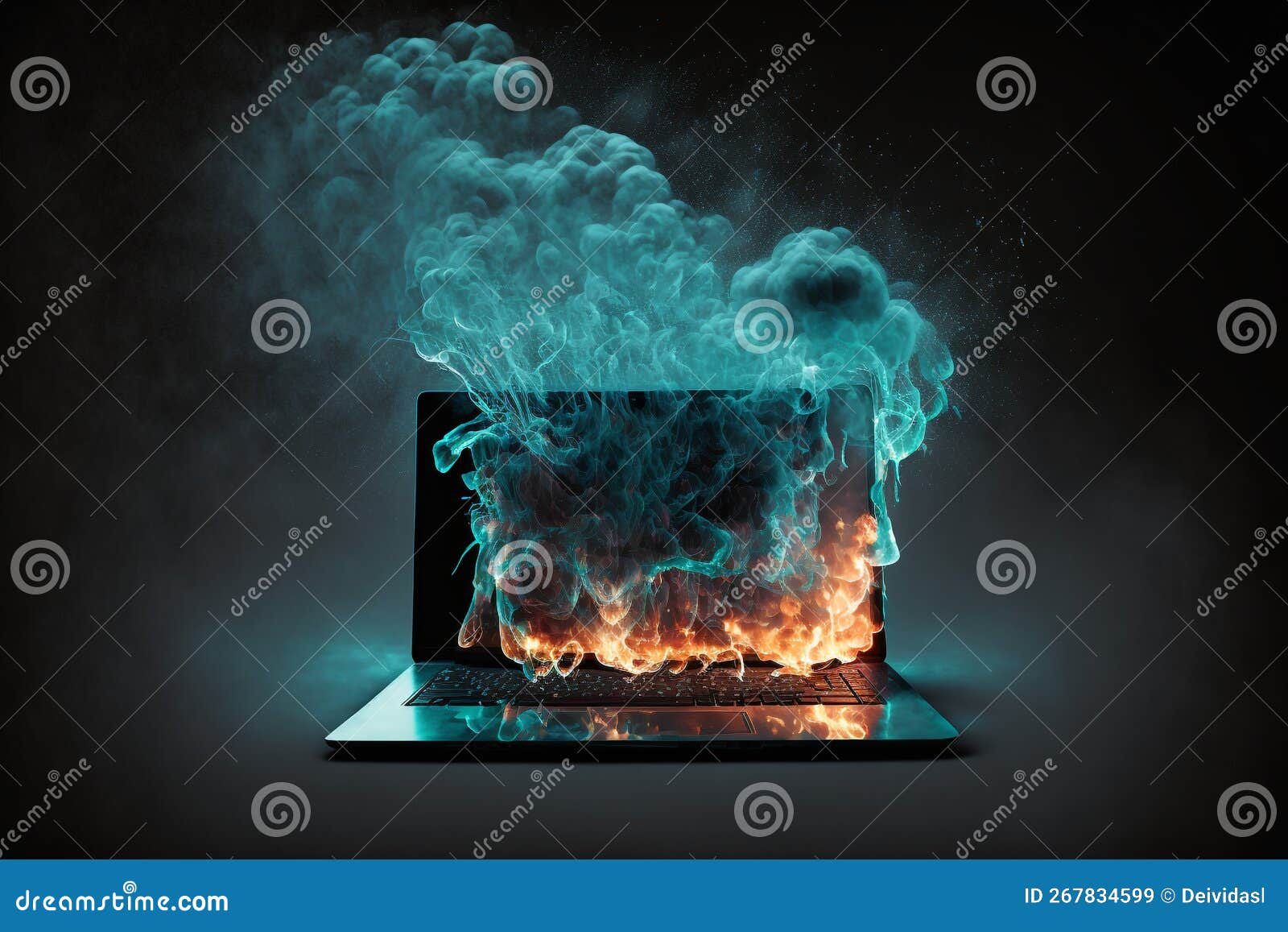 Burning Laptop on a Table with Smoke. Generative AI Illustration. Stock ...