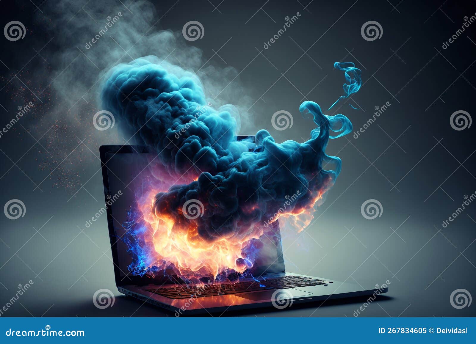 Burning Laptop on a Table with Smoke. Generative AI Illustration. Stock ...