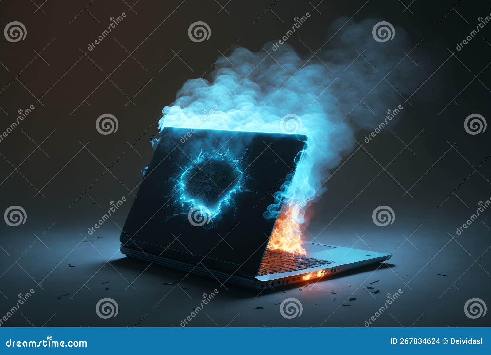 Burning Laptop on a Table with Smoke. Generative AI Illustration. Stock ...