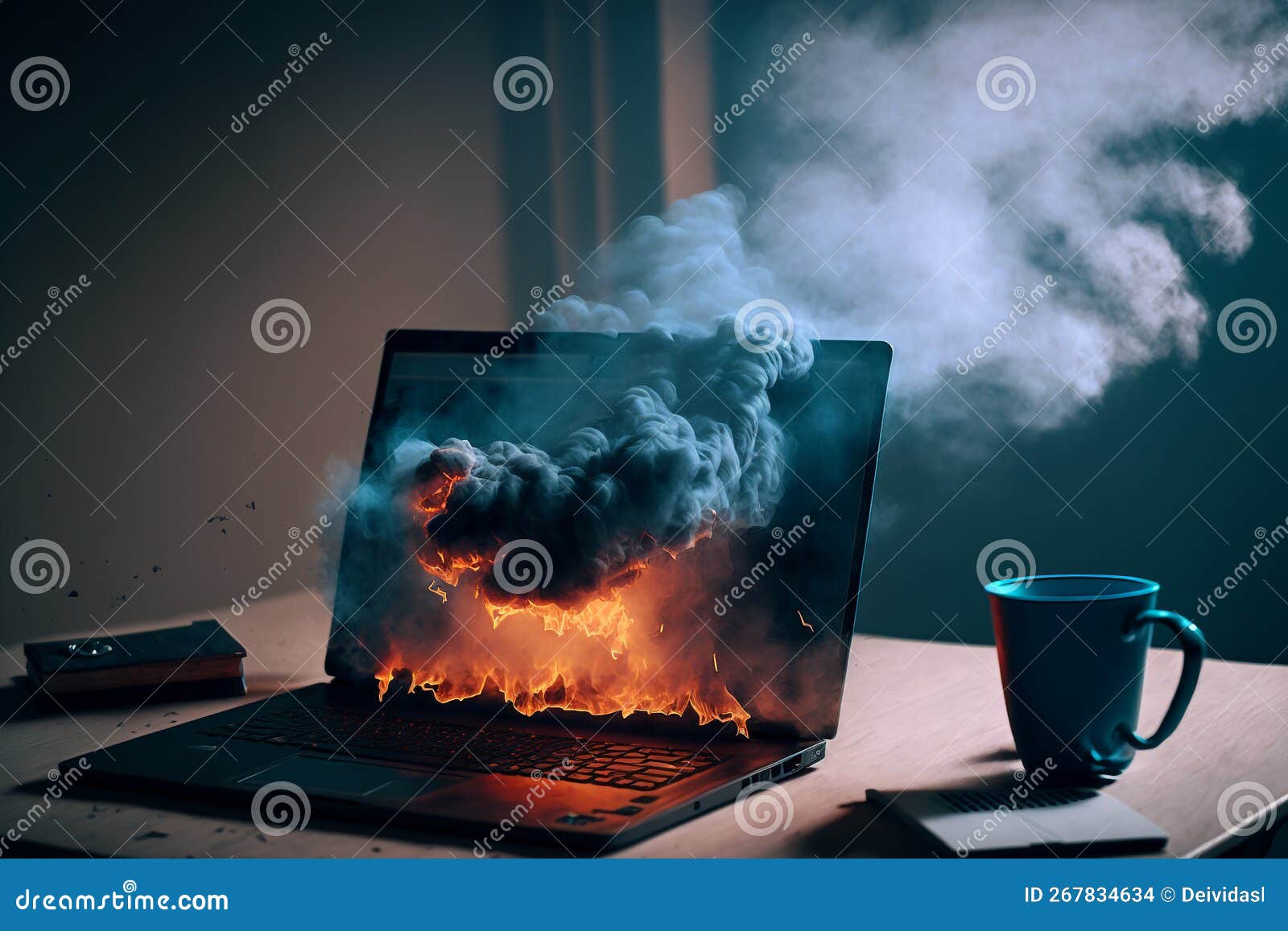 Burning Laptop on a Table with Smoke. Generative AI Illustration. Stock ...