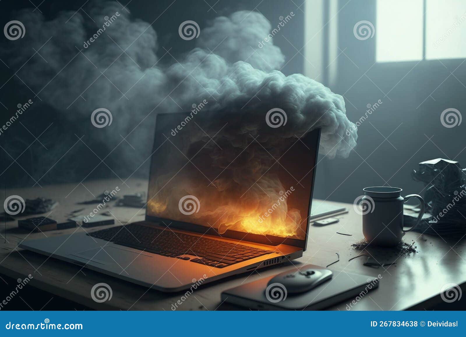 Burning Laptop on a Table with Smoke. Generative AI Illustration. Stock ...