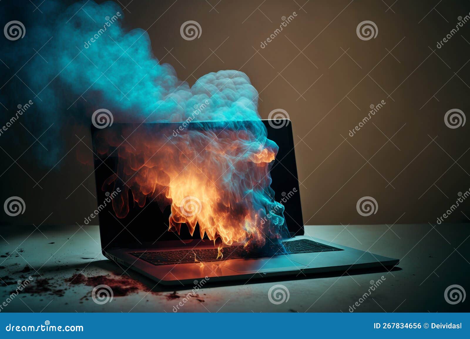 Burning Laptop on a Table with Smoke. Generative AI Illustration. Stock ...