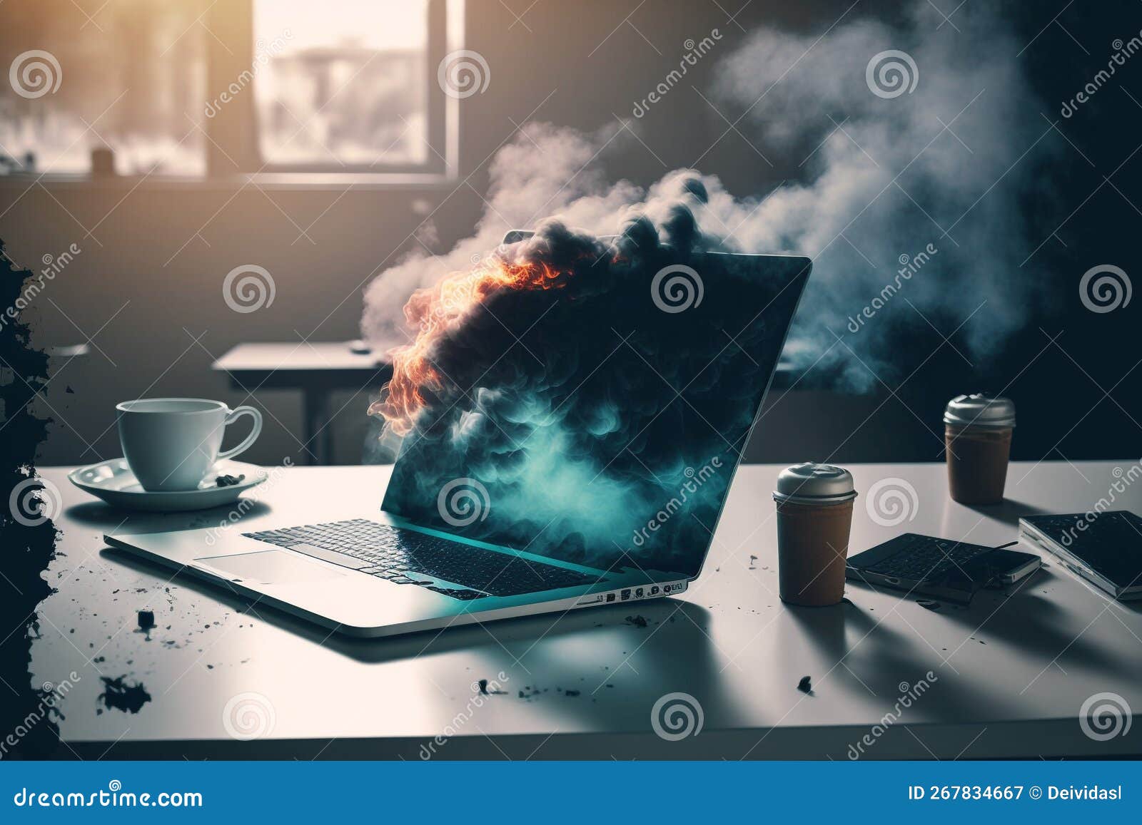 Burning Laptop on a Table with Smoke. Generative AI Illustration. Stock ...