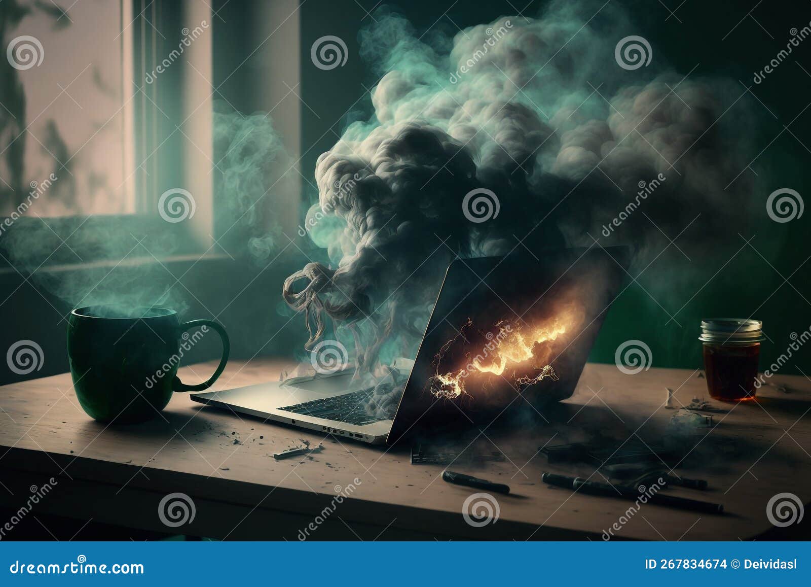 Burning Laptop on a Table with Smoke. Generative AI Illustration. Stock ...