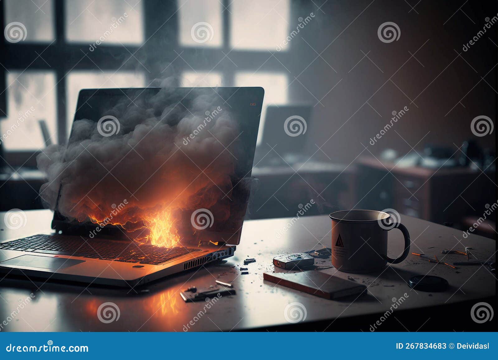 Burning Laptop on a Table with Smoke. Generative AI Illustration. Stock ...